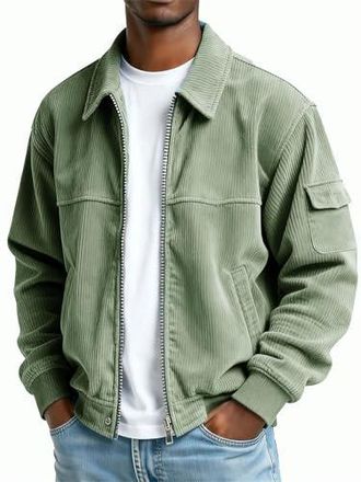 Generic Veste d&eacute;contract&eacute;e en velours c&ocirc;tel&eacute; pour homme - Veste l&eacute;g&egrave;re &agrave; manches longues et col zipp&eacute; avec poches, Vert, 5XL