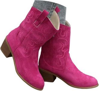 Generic Bottes de cowboy pour femme - Bottes de cowboy larges - Bottes de cowboy occidentales à mi-mollet brodées - Coupe large - Bottes de cowgirl en daim br