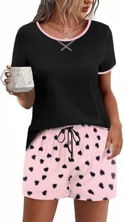 Ekouaer Ensembles de Pyjama Femme Vêtements de Nuit Manches Courtes Deux pièces Femme Sexy Chic Pyjashort Été, Noir-Rose, S