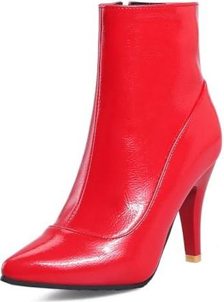 Generic Rouge,37 EU,Bottines en Cuir PU pour Femmes, Bout Pointu, Talons Aiguilles, Bottines dautomne avec Fermeture éclair latérale, Bottes Courtes habillées