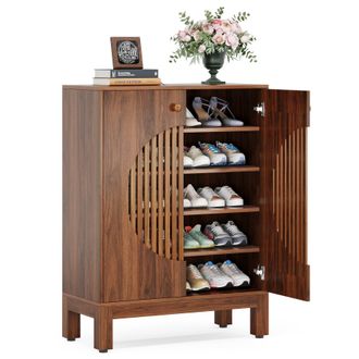 Tribesigns Schuhschrank, Schuhregal mit 5 Ebenen, Schuhkipper Schmal mit Lamellent&uuml;ren, 20 Paar, mit verstellbaren Regalen, Holzregal Organizer f&uuml;r Eingangsberei