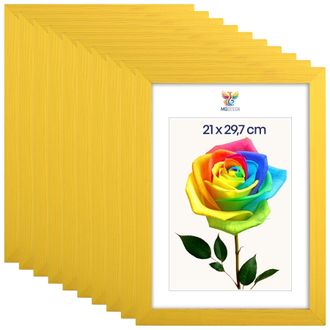 MG Design 10er Set Bilderrahmen A4 21 x 29,7 cm - Fotorahmen mit Gelb Echtholzrahmen und bruchsicherem Acrylglas, Hoch & Quer zum Aufh&auml;ngen, zum Aufstellen