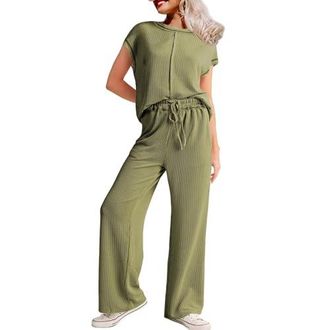 Generic Ensemble de v&ecirc;tements de d&eacute;tente pour femme - Pantalon d&eacute;t&eacute; fin en coton et lin respirant et confortable &agrave; manches courtes - Ensemble de gym pour femm