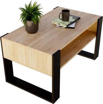 Generic Couchtisch KARO rechteckiger Kaffeetisch aus Holz Modern Teetisch 95 x 53,6 45cm massiv und stabil (Bardolino Eiche/Schwarz), 0012
