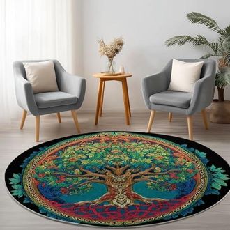 Generic Noir Tapis Fantaisie Rond Antid&eacute;rapant, Grand Arbre Feuilles Fleurs Motif Doux Tapis Poils Courts pour Salon Couloir Chambre Cuisine Descente de Lit -