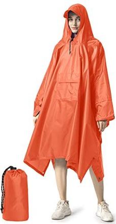Nuur 3-en-1 Poncho de Pluie pour Femme Homme Unisexe Imperméable Réutilisable Avec Capuche Taille Unique Orange