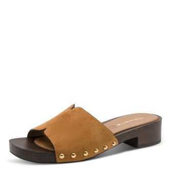 Tamaris Pantolette TAMARIS, Damen, Gr. 36, cognac, Textil, unifarben, Schuhe Pantolette, Blockabsatz, Sommerschuh, Schl&uuml;pfschuh mit aufgesetzten Nieten
