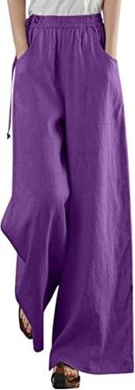 Generic Pantalon d&eacute;t&eacute; en lin pour femme, taille haute, jambe droite, jambe large, confortable, l&eacute;ger, taille &eacute;lastique, coupe ample, pantalon de d&eacute;tente avec 