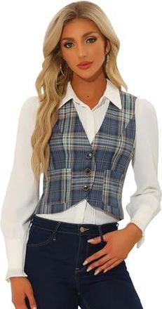 Allegra K Gilet à Carreaux Femme Col en V Veste Vintage Sans Manches Gilet Boutonné Costume dAffaires Décontracté Gris Bleu Vert XS