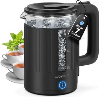 Clatronic Wasserkocher Glas | 1,7 Liter | BPA frei | Einhandbedienung | w&auml;rmeisoliertes Geh&auml;use | Kettle | mit Kabelaufwicklung | Wasserkocher schwarz | WK 3837