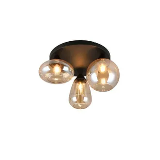 Trio Plafonnier lampe de salon lampe de plafond verre fum&eacute; noir 3 flammes H 24,5 cm