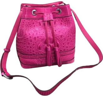 Generic Sac cabas pour femme en cuir de crocodile authentique, fermeture &agrave; cordon, sac seau blanc pour femme, sac bandouli&egrave;re &agrave; pompon en cuir dalligator exot