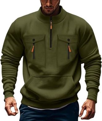 Generic Sweat-shirt sans capuche en polaire pour homme - Demi-fermeture &eacute;clair - Manches longues - Coupe droite - Confortable - T-shirt dext&eacute;rieur doux - Prin