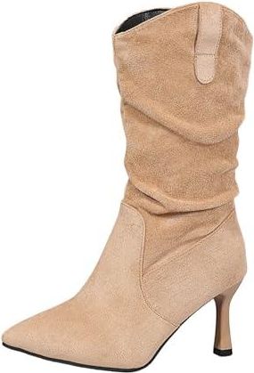 Generic Bottes mi-mollet pour femme - Style d&eacute;contract&eacute; - Bout pointu - Talon chaton pliss&eacute; - &Eacute;l&eacute;gantes et confortables - Pour lautomne et lhiver, kaki, 38.5 