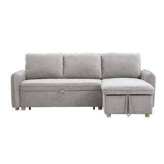 Miliboo Ecksofa, ausziehbar, wendbar, mit Truhe, 3-Sitzer, Chenille-Stoff, Grau und helles Holz, Orso