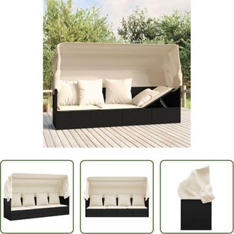vidaXL Sonnenliege - Outdoor-Loungebett mit Dach und Kissen Schwarz Poly Rattan