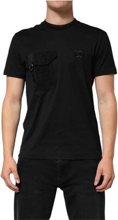 Dolce & Gabbana Homme, Tops, Noir, Taille: L T-shirt noir en coton brodé avec logo DG