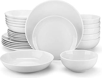 Malacasa S&eacute;rie AMELIA Service de Table Blanche Rond en Porcelaine pour 6 Personnes avec Assiettes Plates, Assiettes Creuses, Assiettes &agrave; Dessert, Bols &agrave; C&eacute;r&eacute;al