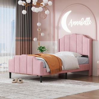 Generic Polsterbett mit Kopfteil und Fußteil, Kinderbett mit stabilem Lattenrost, Samt gepolstert, Robustes Jugendbett, Gästebett, einfacher