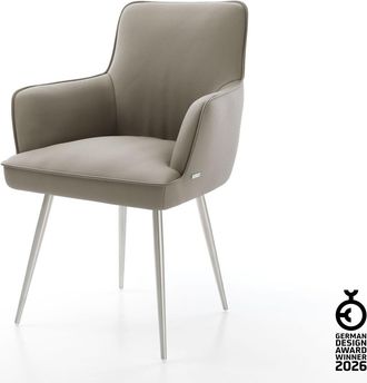 DELIFE Esszimmerstuhl Heira-Flex mit Armlehnen Echt-Leder Schlamm 4-Fu&szlig; konisch Edelstahl Taschenfederkern, Esszimmerst&uuml;hle