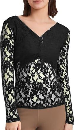 Generic Chemisier uni à manches longues pour femme - Printemps - Couleur unie - Col en V - Coupe ajustée - Pull en dentelle à manches longues - Vêtements pour