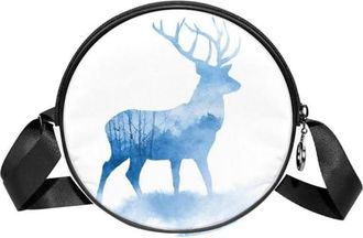 Generic Petit sac &agrave; bandouli&egrave;re circulaire pour femme, sac &agrave; bandouli&egrave;re motif cerf aquarelle avec fermeture &eacute;clair, bretelles r&eacute;glables, sac &agrave; main rond d&eacute;co