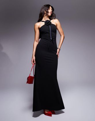 Goddiva Robe longue en imitation n&eacute;opr&egrave;ne avec col nageur et d&eacute;tail grosse fleur - Noir