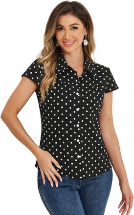 Allegra K Damen Punkte Oberteil Stehkragen Vintage Polka Dots Punkte Kurzarm Shirt Bluse Schwarz M