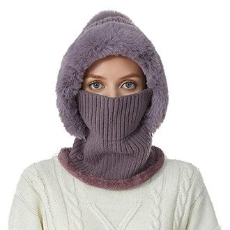 Generic Chapeau et col en tricot tendance et polyvalent pour femme avec oreilles chaudes pour entraînement par temps froid vie quotidienne, violet, M