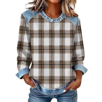 Generic Sweats pour femme sans capuche tendance vintage patchwork en denim sweatshirt printemps sortie tops couture plaid denim chemise habill&eacute;e d&eacute;contract&eacute;e 