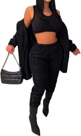 Minetom Femmes Ensemble de 3 Pièces Pyjamas Automne Hiver Chaud Polaire Vêtements de Nuit Flanelle Pyjama Doux Manteau Débardeur Pantalon C Noir XS