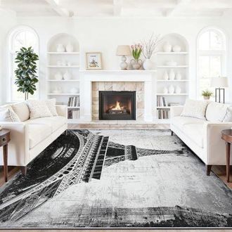 Generic Moderne Antid&eacute;rapant Tapis Gris - Doux R&eacute;sistant Lavable en Machine Tapis &agrave; Motif Chic Vieilli Tour Eiffel Poil Ras Moquette pour Salon Chambre Cuisin