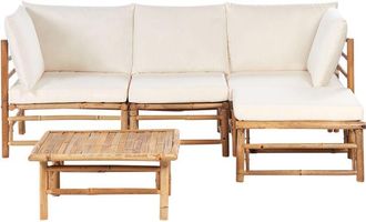 Beliani Ensemble de Jardin dAngle Boho 4 Places Modulable avec Table Basse en Bambou et Coussins Blanc Cass&eacute; Cerreto