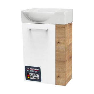 Fackelmann Milano G&auml;ste-WC Set 2 Teile - Waschtischunterschrank in Wei&szlig; mit Holz Braun mit Waschbecken aus Keramik - SBC Waschbeckenunterschrank schmal - T&uuml;r Lin