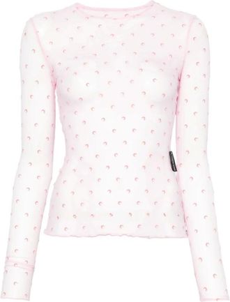 Marine Serre Femme, Tops, Rose, Taille: 36 FR Moon Printed Jersey Long Sleeve Top