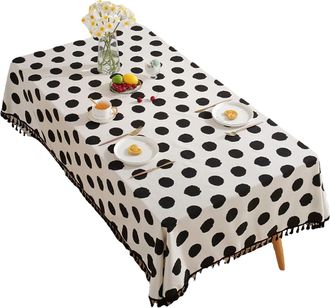 Rismart Baumwolle Leinen Tischdecke Tischtuch für Rechteck-Tisch Waschbar Tischwäsche mit Quaste Schwarz Punkte,140 x 180 cm