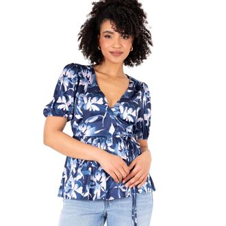 Lovedrobe Womens Ladies Wrap Top Short Puff Sleeve V-Neck Floral Print Peplum Satin Blouse Smart Casual Office Wear Marineblau 38