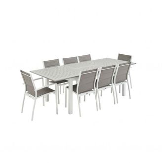 Sweeek Salon de jardin Chicago 8 places table &agrave; rallonge extensible 175/245cm alu textil&egrave;ne Blanc / Taupe