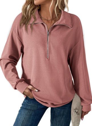Dokotoo Pullover Damen Sweatshirt Ohne Kapuze Herbst Langarm 1/4 Rei&szlig;verschluss V-Ausschnitt Oberteile L&auml;ssig Locker Tunika Tops Einfarbig Waffel Stricken Obe