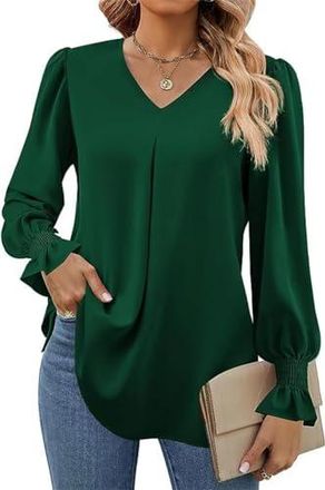 TOMWELL Blouse Femme Automne Chemisier en Mousseline de Soie Élégant Haut à Manches Longues Col V Tunique Fluide T-Shirt Couleur Unie Blouse Plissé Casual Fem