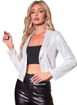 Allegra K Blazer à Sequin Femme Veste à Paillettes Cardigan Court Scintillant Ouvert sur Le Devant Haussement dÉpaules Argent XL