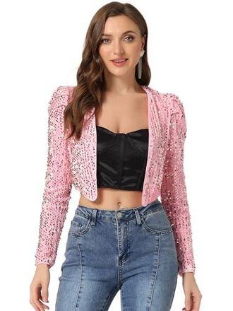 Allegra K Veste &agrave; paillettes de No&euml;l pour Femme &agrave; manches longues ouverte sur le devant Party Clubwear Cropped Bolero Cardigan Rose XL