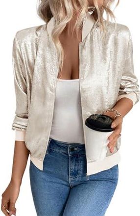 TOMWELL Bomber Femme Printemps &Eacute;t&eacute; Blouson &agrave; Manches Longues Zipp&eacute; Court Jacket Cardigan Haut Tops A Beige M
