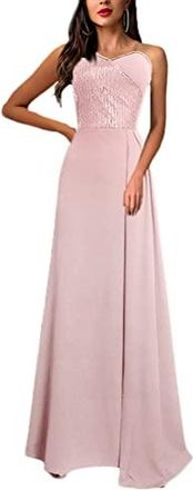 Minetom Robe de Soir&eacute;e Femme Paillettes Col en V sans Manches Mariage Demoiselle dhonneur Maxi Robe Longue J Rose M