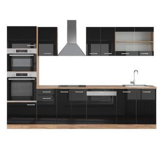 Vicco Cuisine R-Line, Noir Haute Brillance/Chêne de Force doré, 300 cm avec Armoire Haute, sans Plan de Travail
