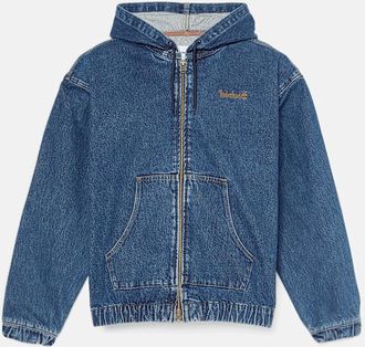 Timberland All Gender Denim-Bomberjacke mit Kapuze und durchgehendem Rei&szlig;verschluss in Blau, Blau, Gr&ouml;&szlig;e