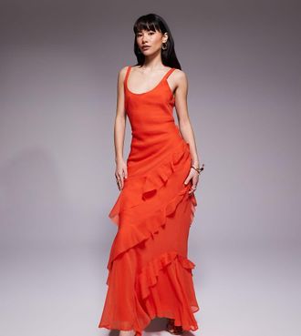 Asos Petite ASOS DESIGN Petite - Maxikleid in Orange mit U-Ausschnitt, R&uuml;schenrock und R&uuml;ckenausschnitt