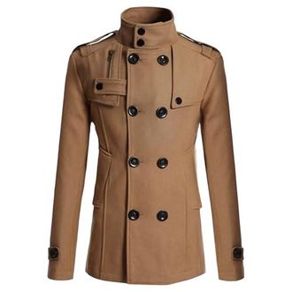 Generic Trench &agrave; double boutonnage pour homme Col montant mi-long Manteau dhiver d&eacute;contract&eacute; chaud, kaki, 3XL