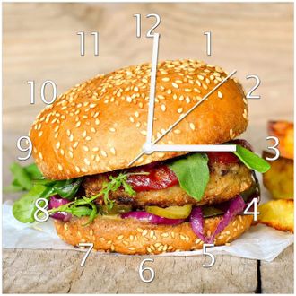 Wallario Design-Wanduhr Burger mit frischem Salat und Pommes aus Glas, Motiv-Uhr Größe 30 x 30 cm, weiße Zeiger