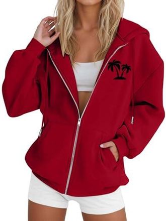 Generic 2026 Vestes &agrave; capuche &agrave; fermeture &eacute;clair pour femmes et adolescentes avec capuche enti&egrave;rement zipp&eacute;e, pull &agrave; manches longues et poches, Rouge, 3XL